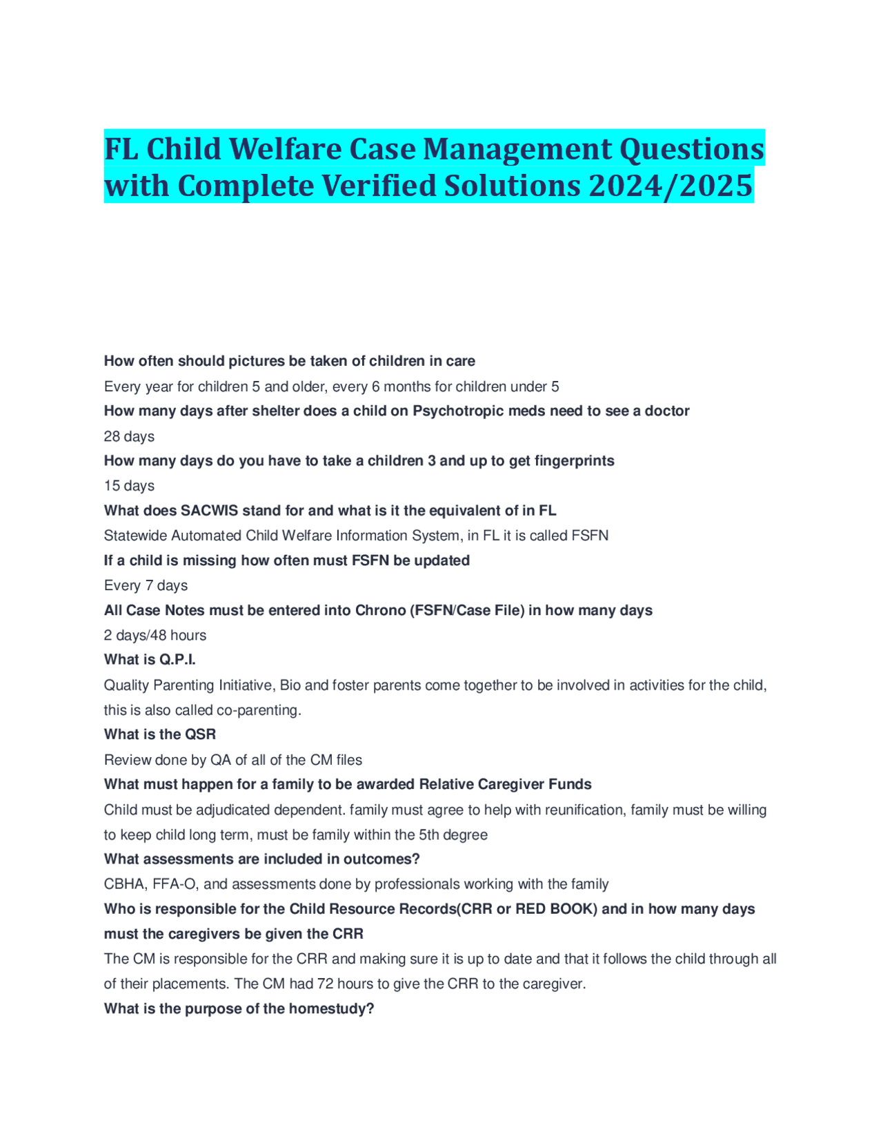 FL Child Welfare Case Management Questions with Complete Verified ...