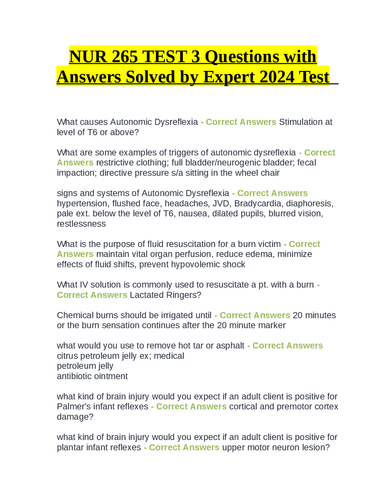 NUR 265 TEST 3 Questions with Answers Solved by Expert 2024 Test ...