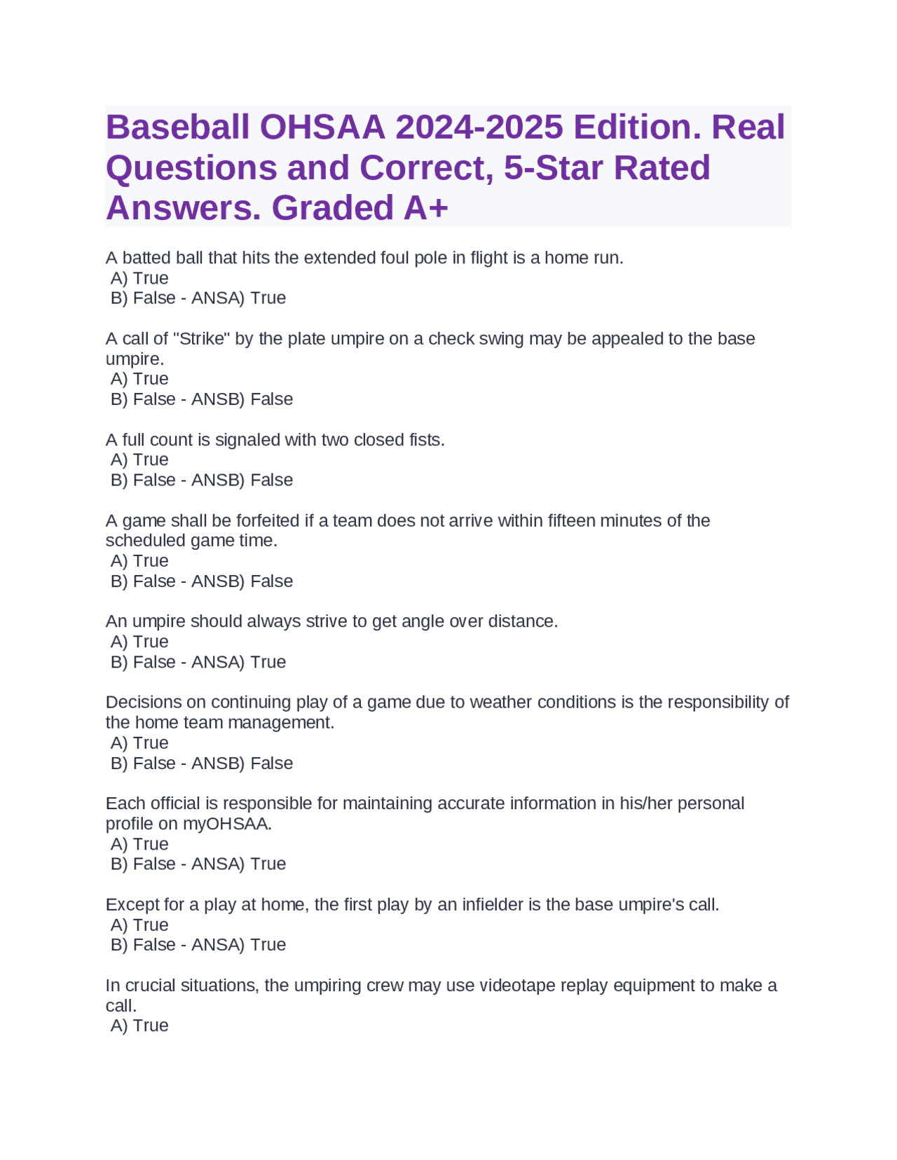 Baseball OHSAA 2024-2025 Edition. Real Questions & Correct, 5-Star ...