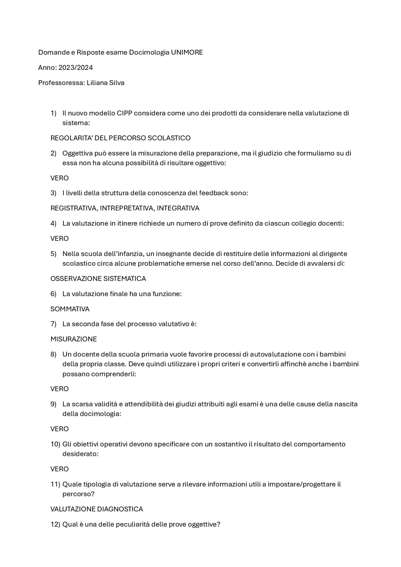 Domande e Risposte esame Docimologia 2024 UNIMORE | Prove d'esame di ...