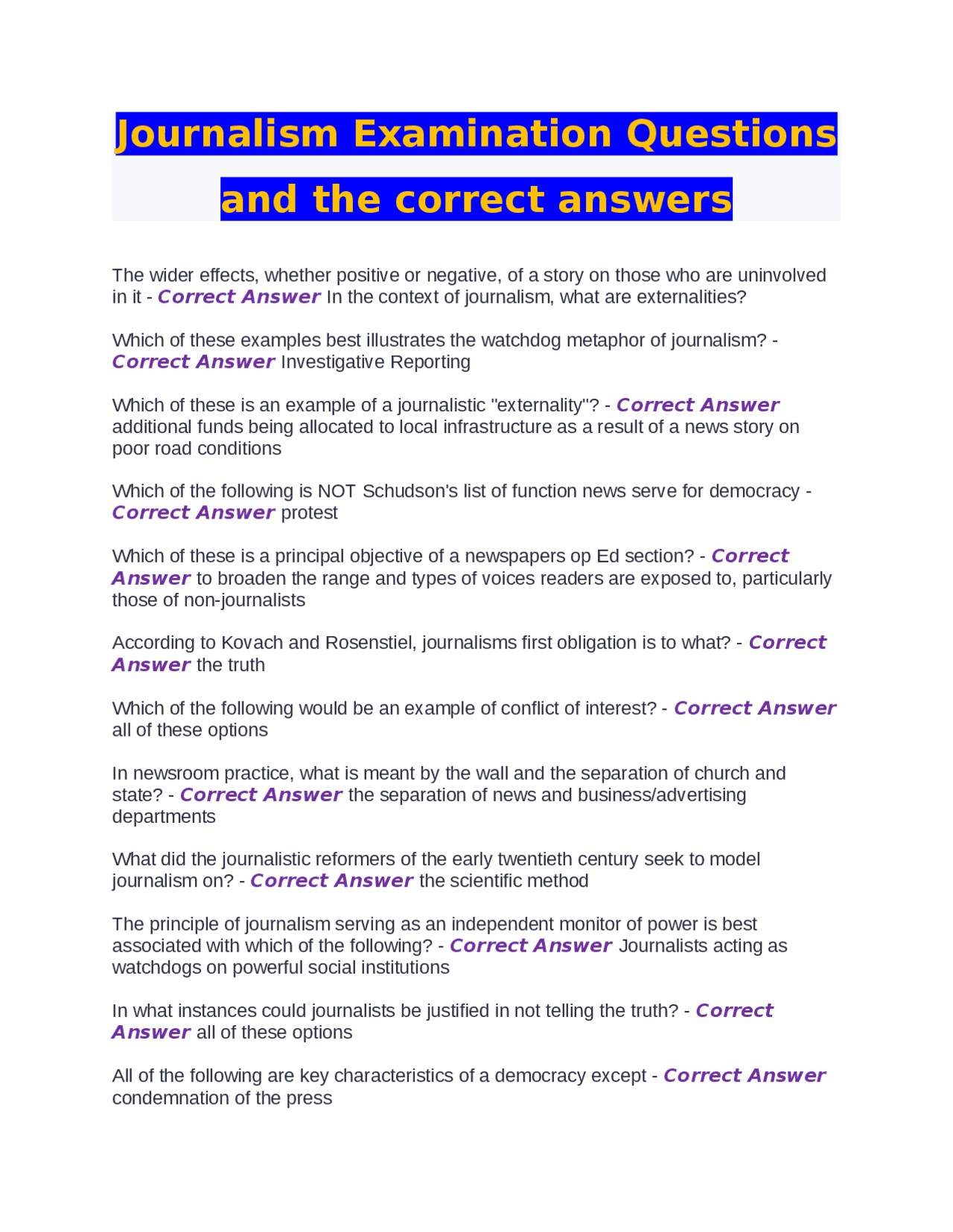 Journalism Examination Questions and the correct answers | Exams ...