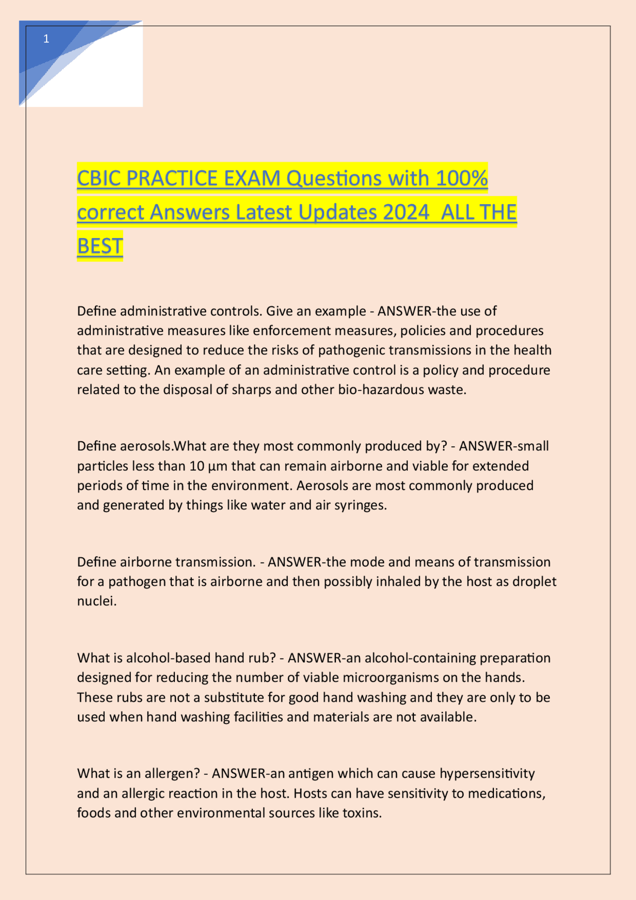 CBIC PRACTICE EXAM Questions with 100% correct Answers Latest Updates ...