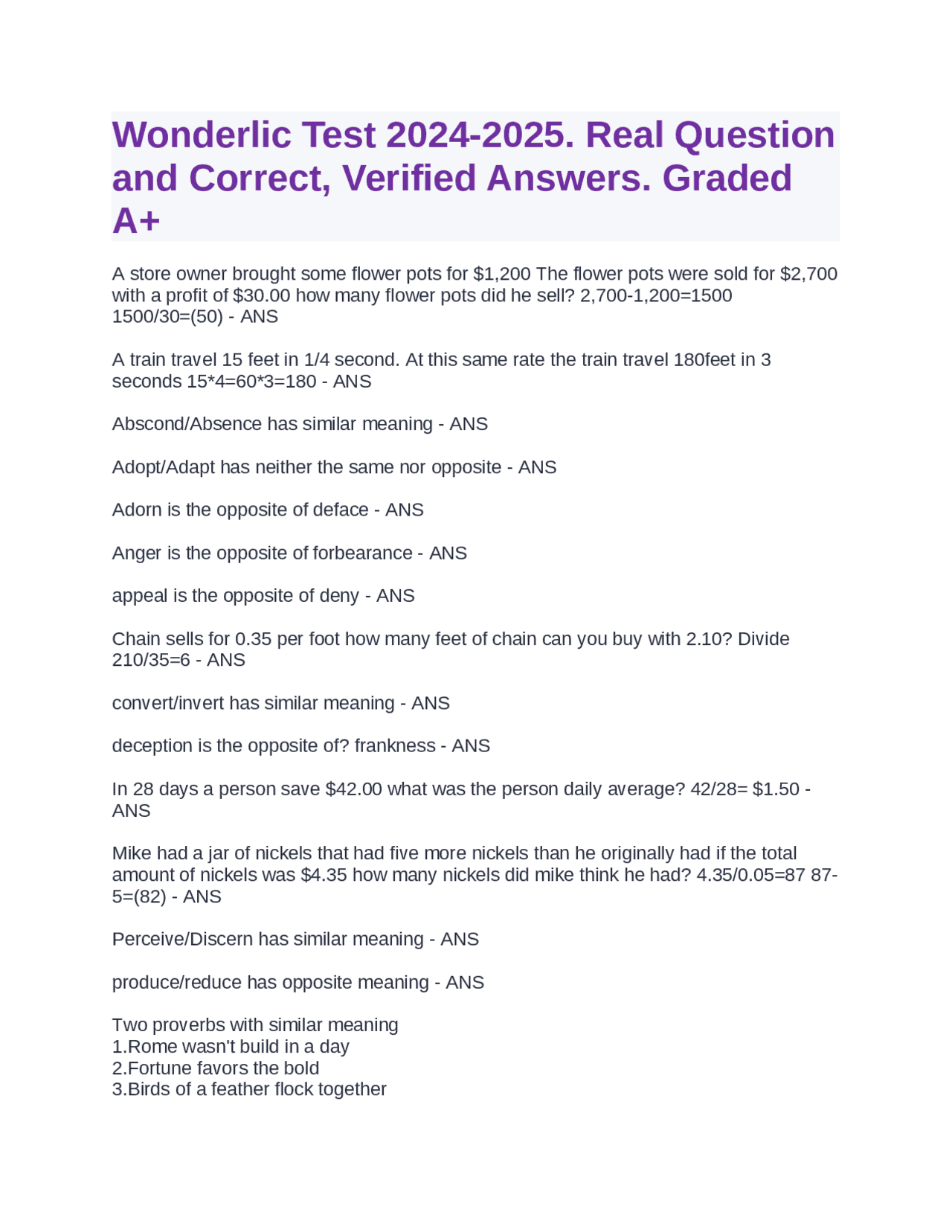 Wonderlic Test 2024-2025. Real Question and Correct, Verified Answers ...