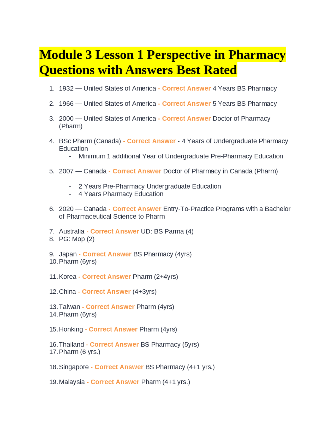Module 3 Lesson 1 Perspective in Pharmacy Questions with Answers Best ...