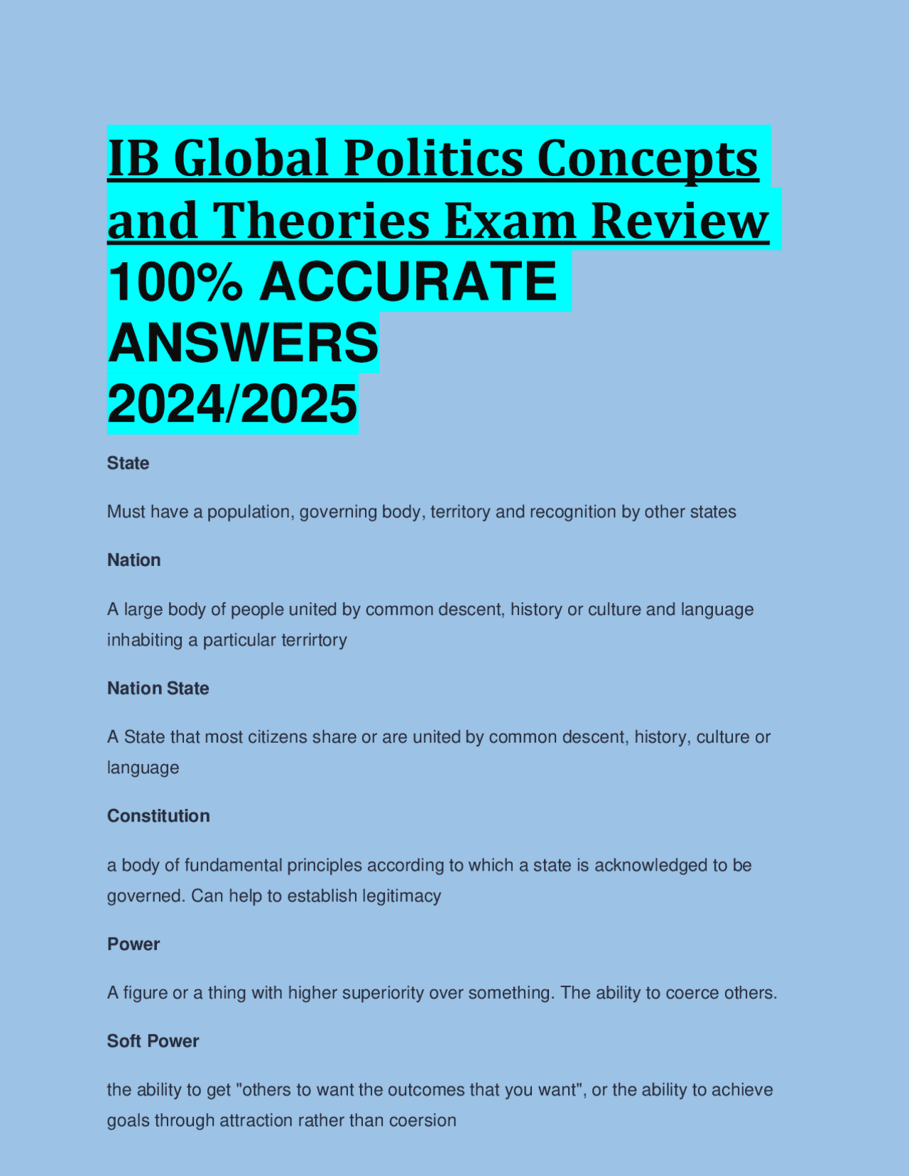 IB Global Politics Concepts and Theories Exam Review 100% ACCURATE ...