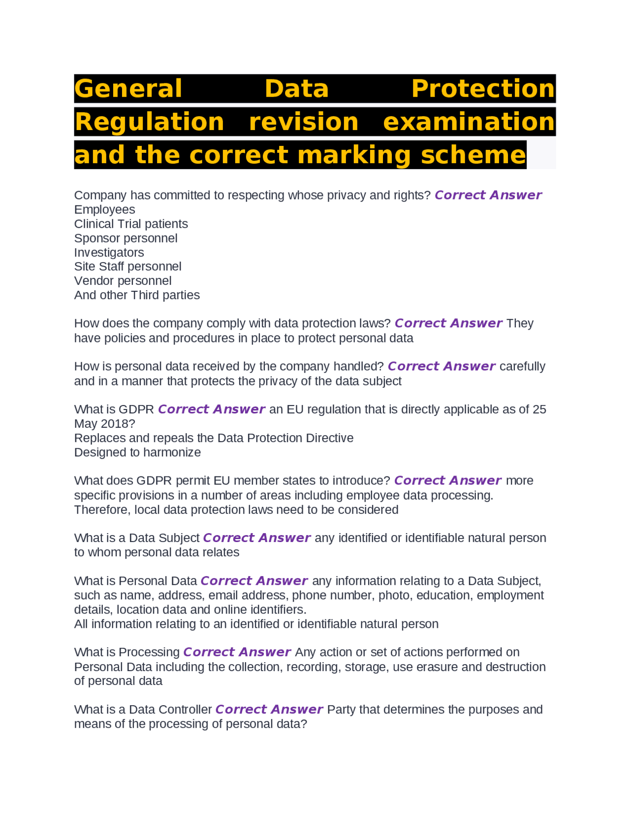 General Data Protection Regulation revision examination and the correct ...