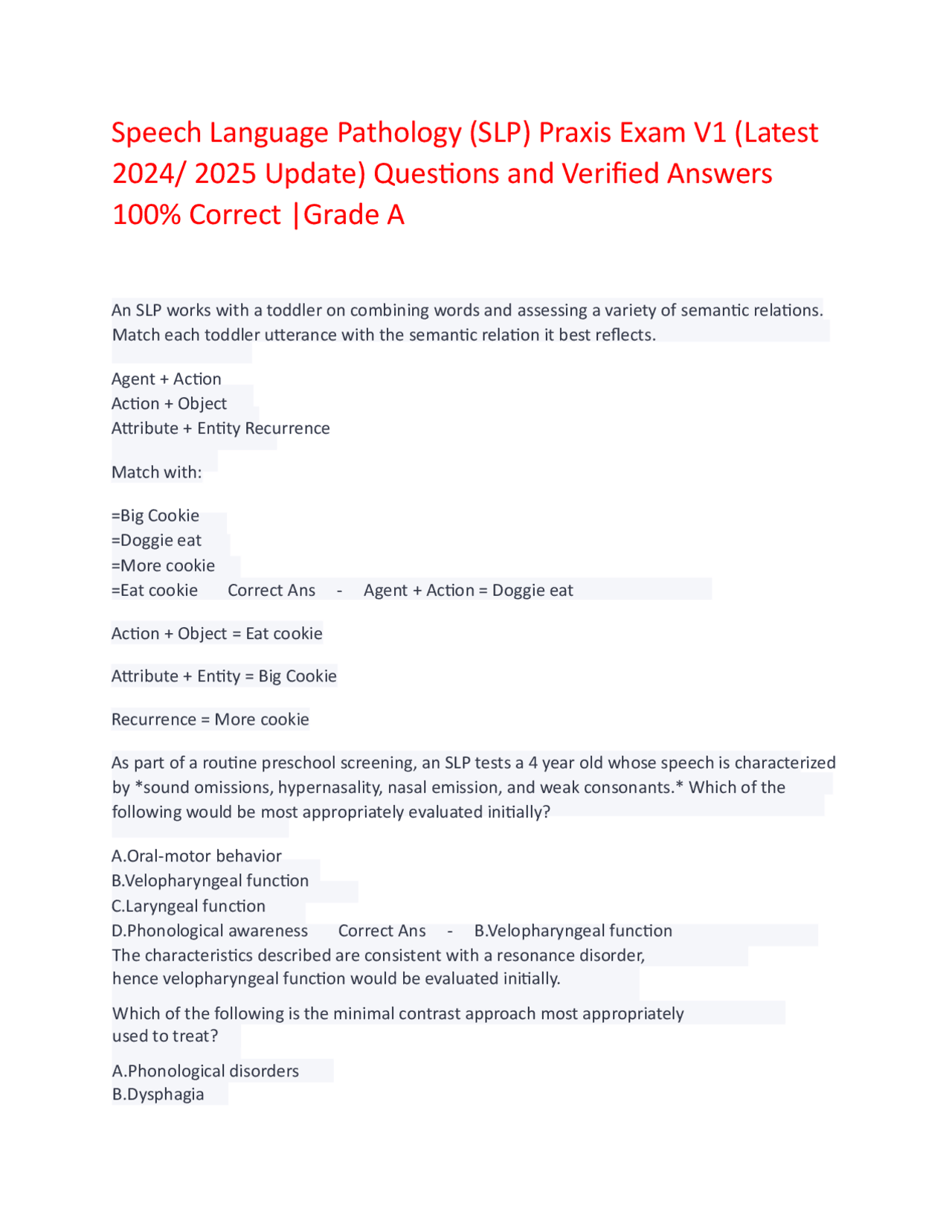 Speech Language Pathology (SLP) Praxis Exam V1 (Latest 2024- 2025 ...