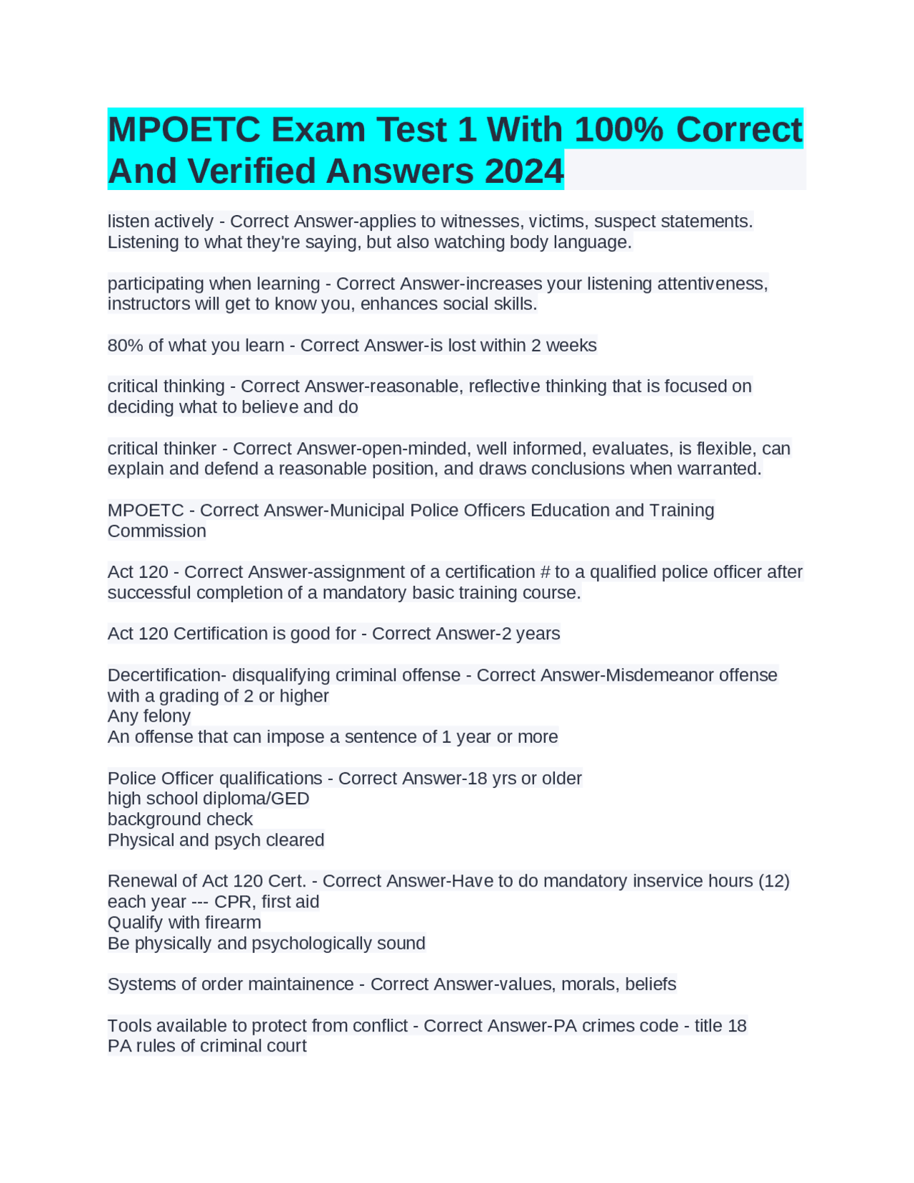 MPOETC Exam Test 1 With 100% Correct And Verified Answers 2024 | Exams ...