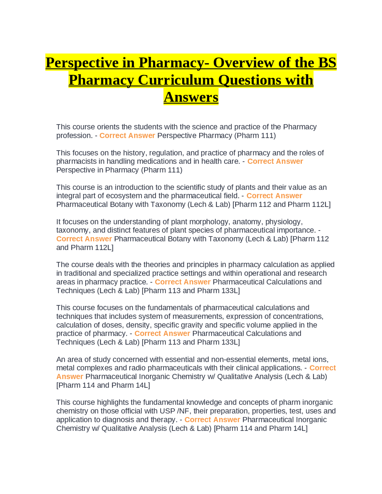 Perspective in Pharmacy- Overview of the BS Pharmacy Curriculum ...