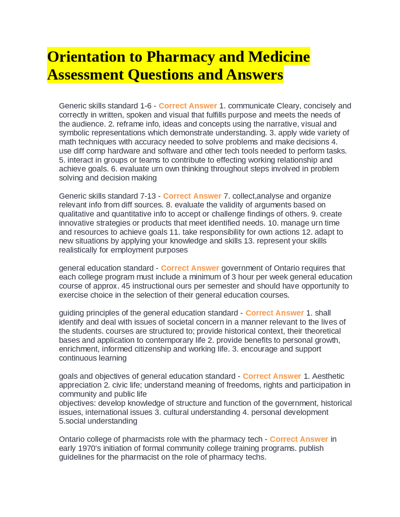 Orientation to Pharmacy and Medicine Assessment Questions and Answers ...