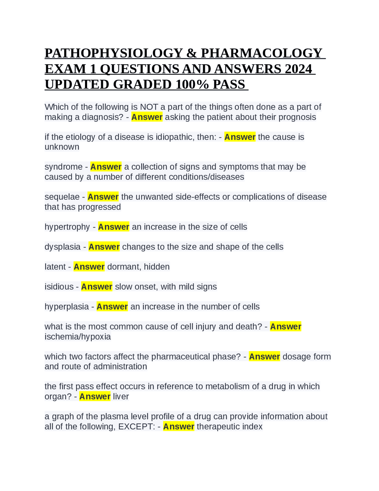 PATHOPHYSIOLOGY & PHARMACOLOGY EXAM 1 QUESTIONS AND ANSWERS 2024 UPDATED GRADED 100% PASS ...