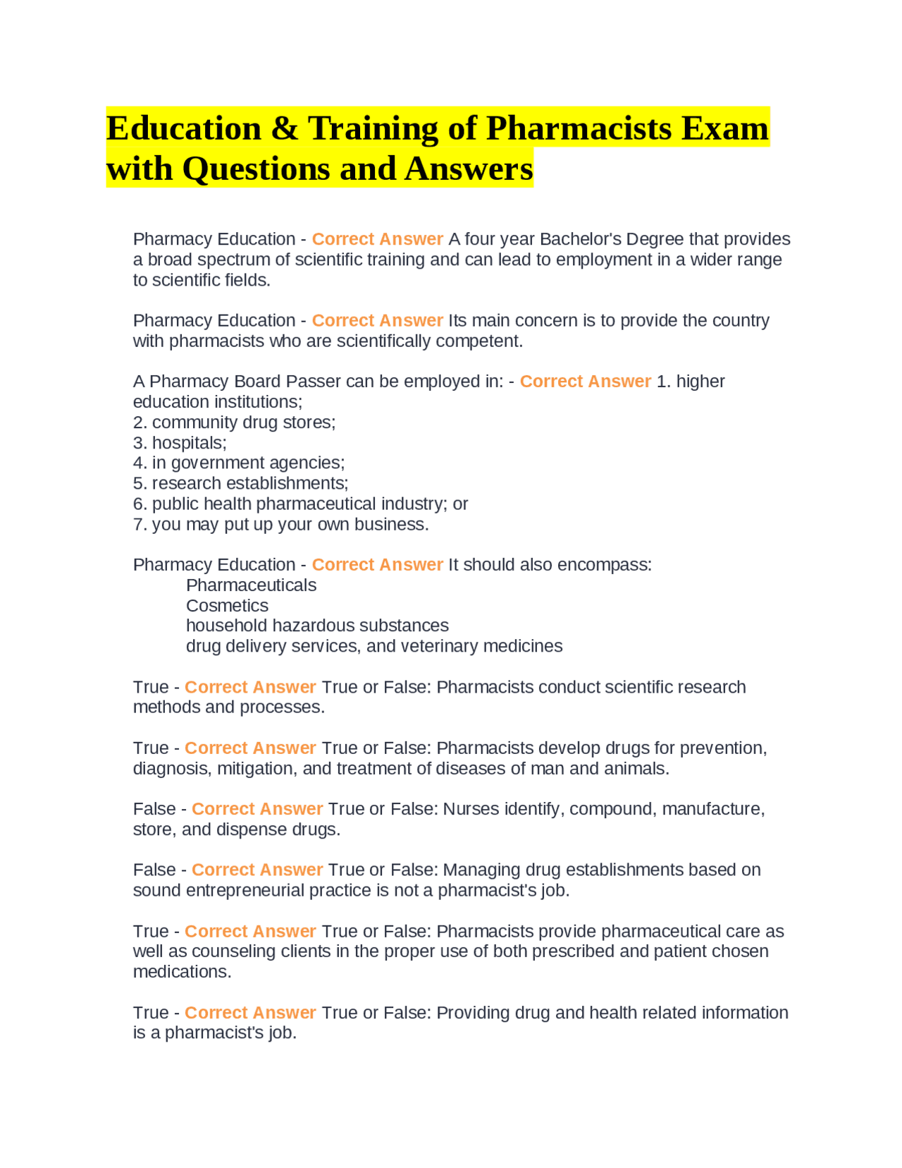 Education & Training of Pharmacists Exam with Questions and Answers ...