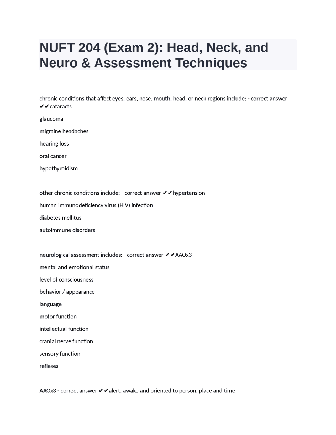 NUFT 204 (Exam 2): Head, Neck, and Neuro & Assessment Techniques well answered to pass | Exams ...