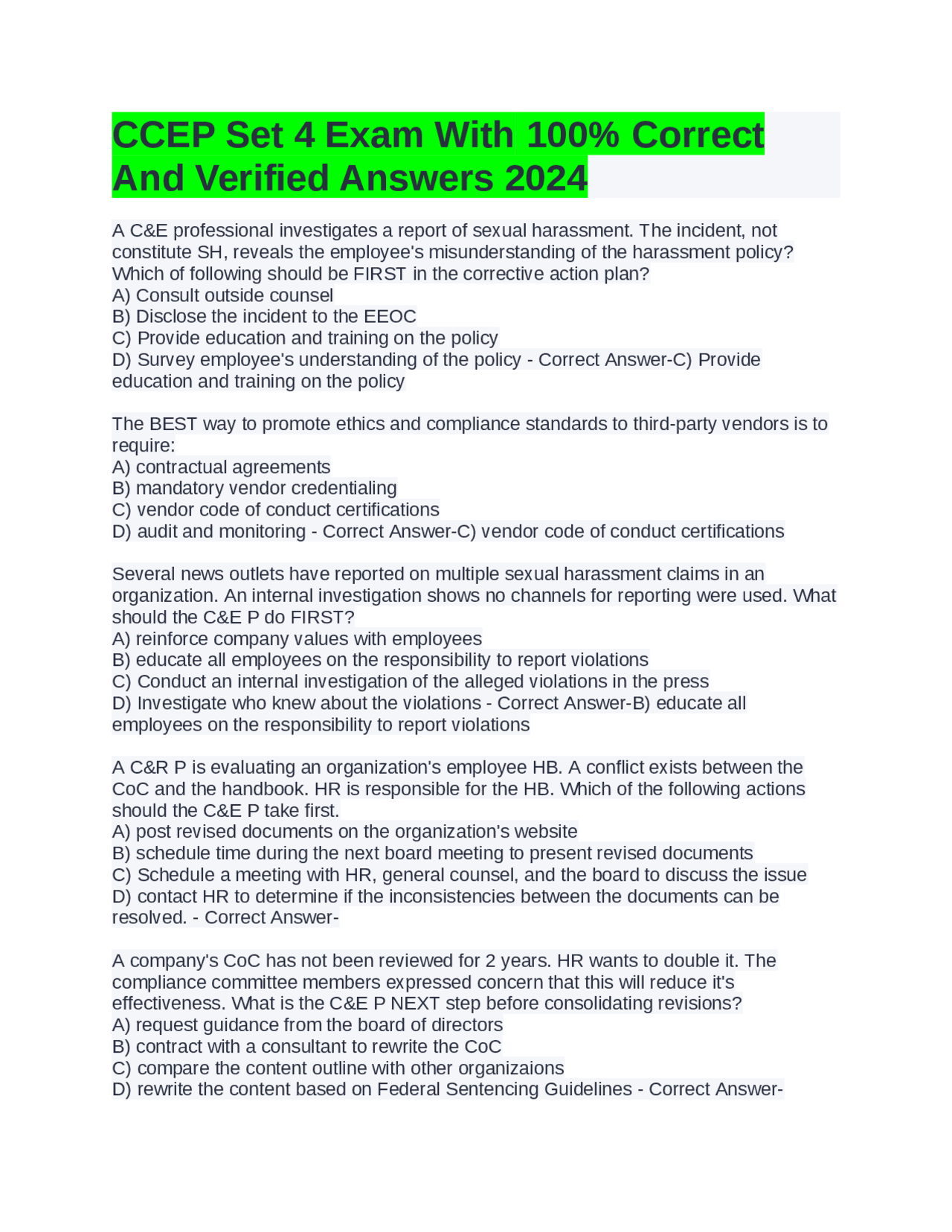 CCEP Set 4 Exam With 100% Correct And Verified Answers 2024 | Exams Advanced Education | Docsity