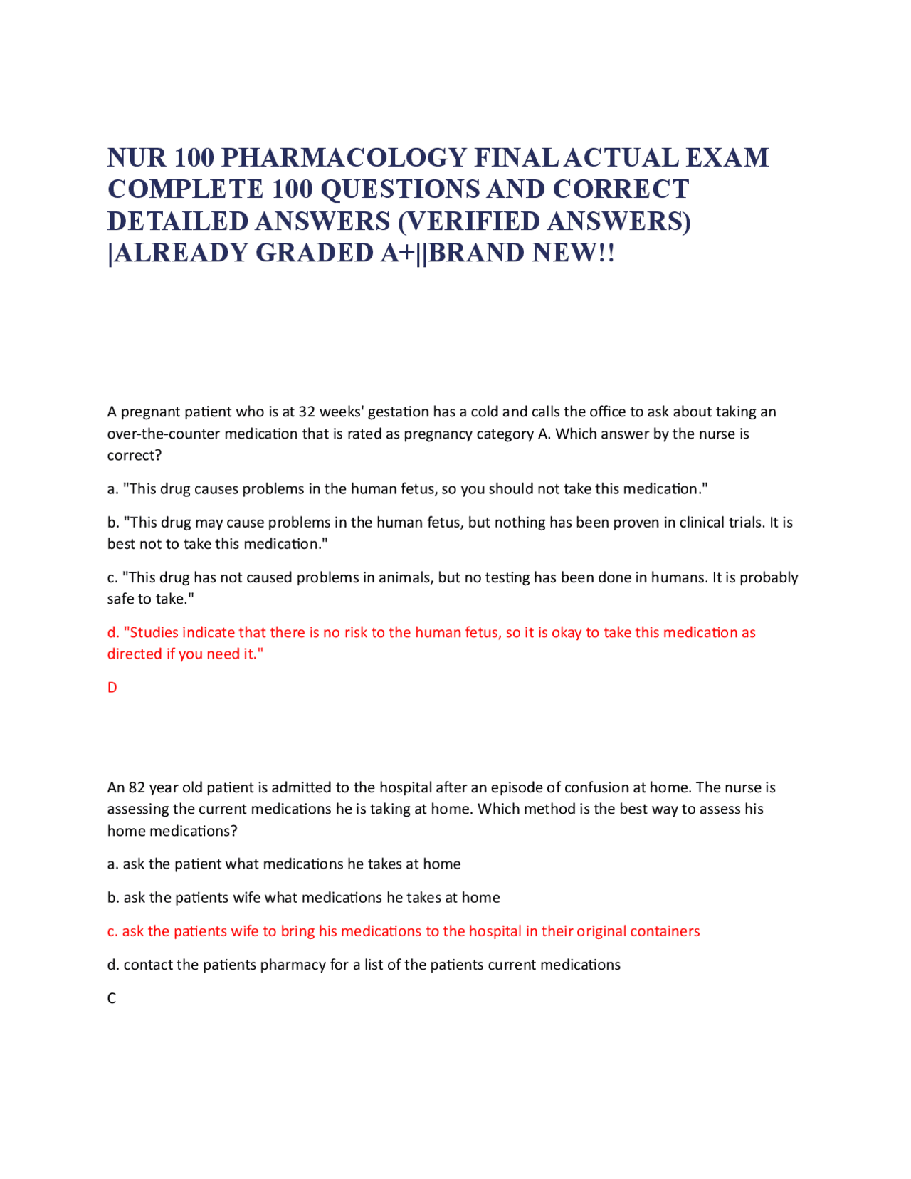 NUR 100 PHARMACOLOGY FINAL ACTUAL EXAM COMPLETE 100 QUESTIONS AND ...