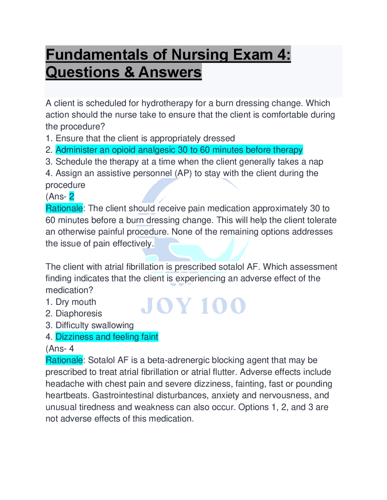 Fundamentals of Nursing Exam 4: Questions & Answers: Updated ...