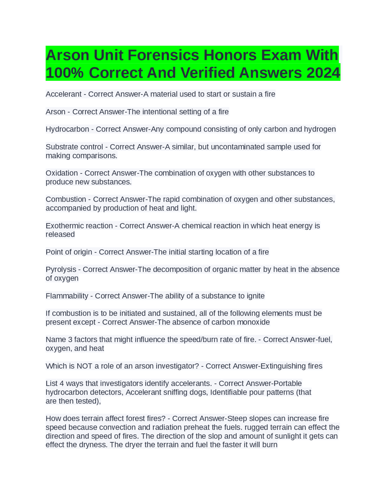 Arson Unit Forensics Honors Exam With 100% Correct And Verified Answers ...