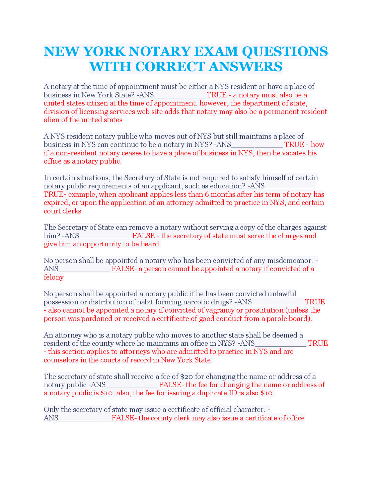 NEW YORK NOTARY EXAM QUESTIONS WITH CORRECT ANSWERS | Exams Real Estate ...