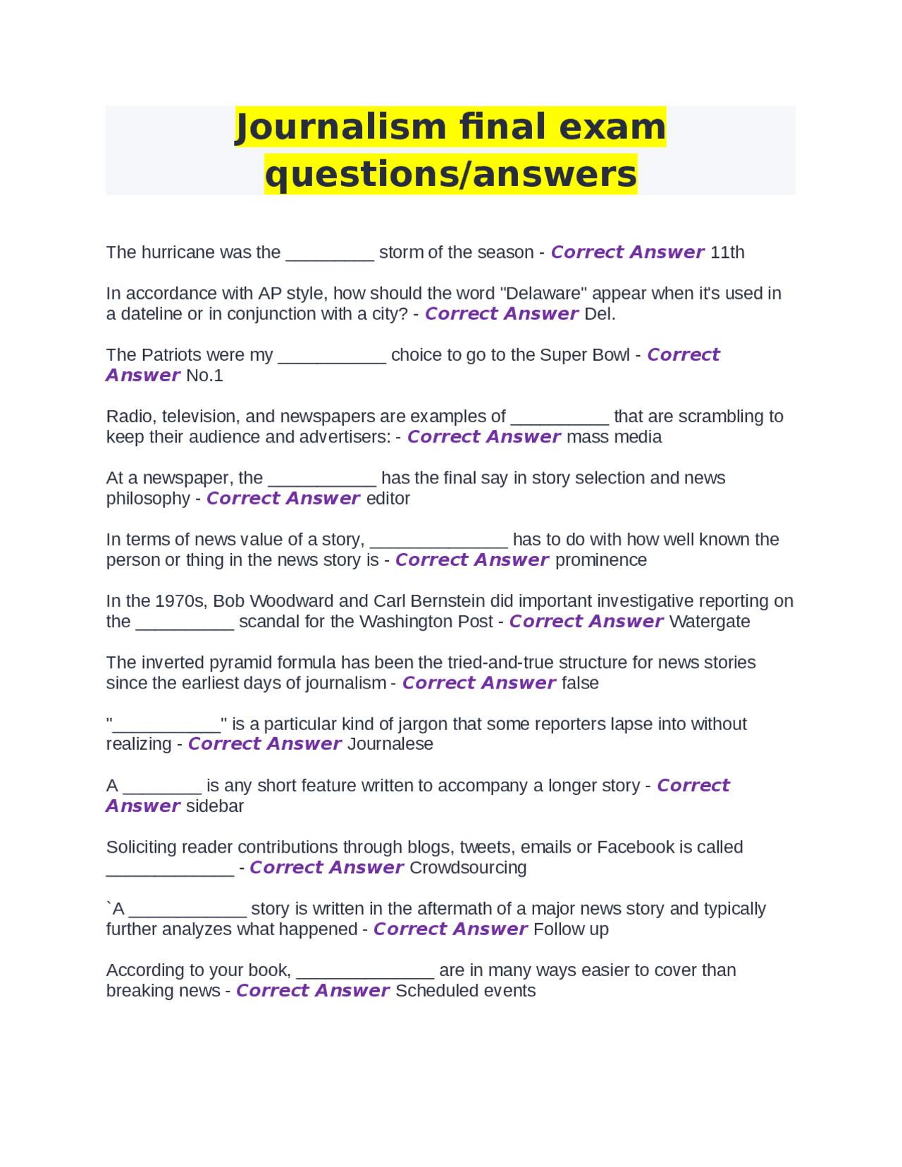 Journalism final exam questions/answers | Exams Journalism | Docsity