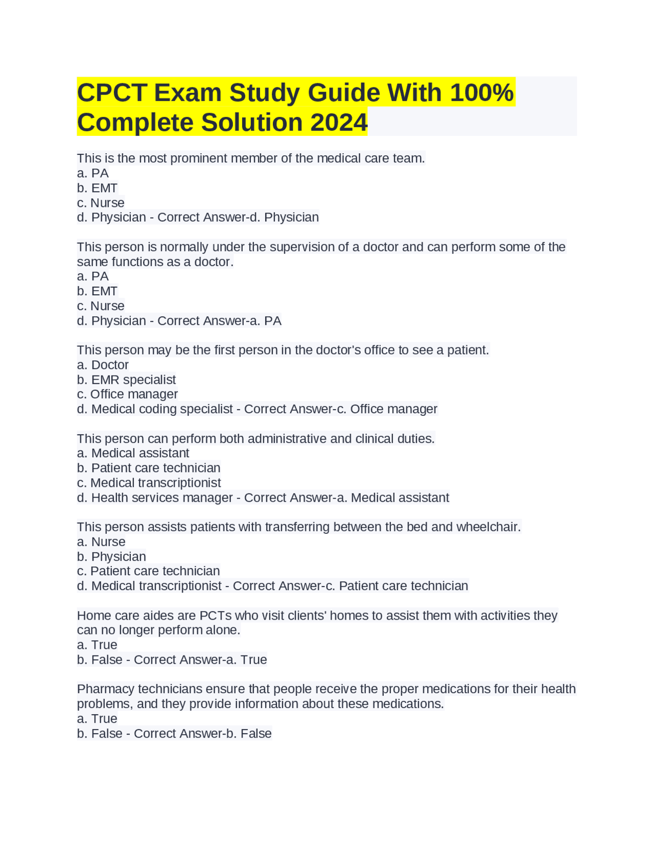CPCT Exam Study Guide With 100% Complete Solution 2024 | Exams Advanced ...