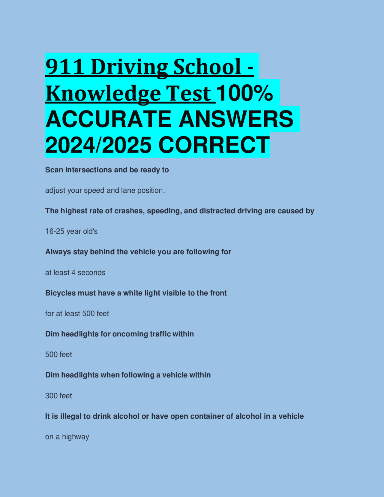 911 Driving School - Knowledge Test 100% ACCURATE ANSWERS 2024/2025 ...