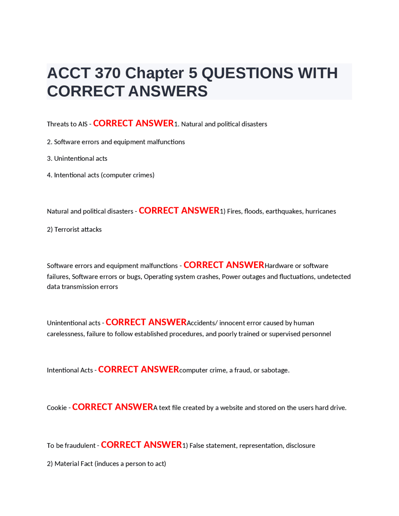 ACCT 370 Chapter 5 QUESTIONS WITH CORRECT ANSWERS | Exams Nursing | Docsity
