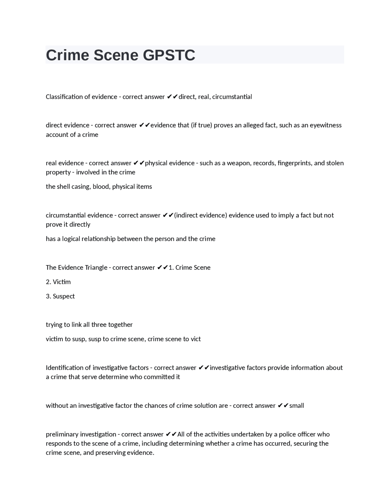 Crime Scene GPSTC questions well answered to pass | Exams Nursing | Docsity