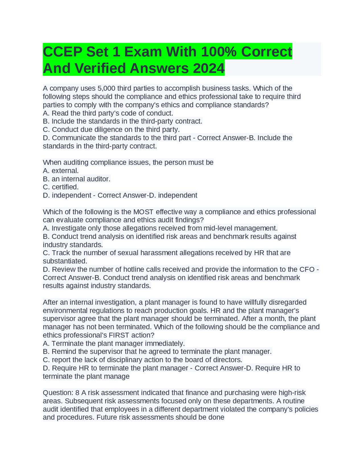 CCEP Set 1 Exam With 100% Correct And Verified Answers 2024 | Exams Advanced Education | Docsity