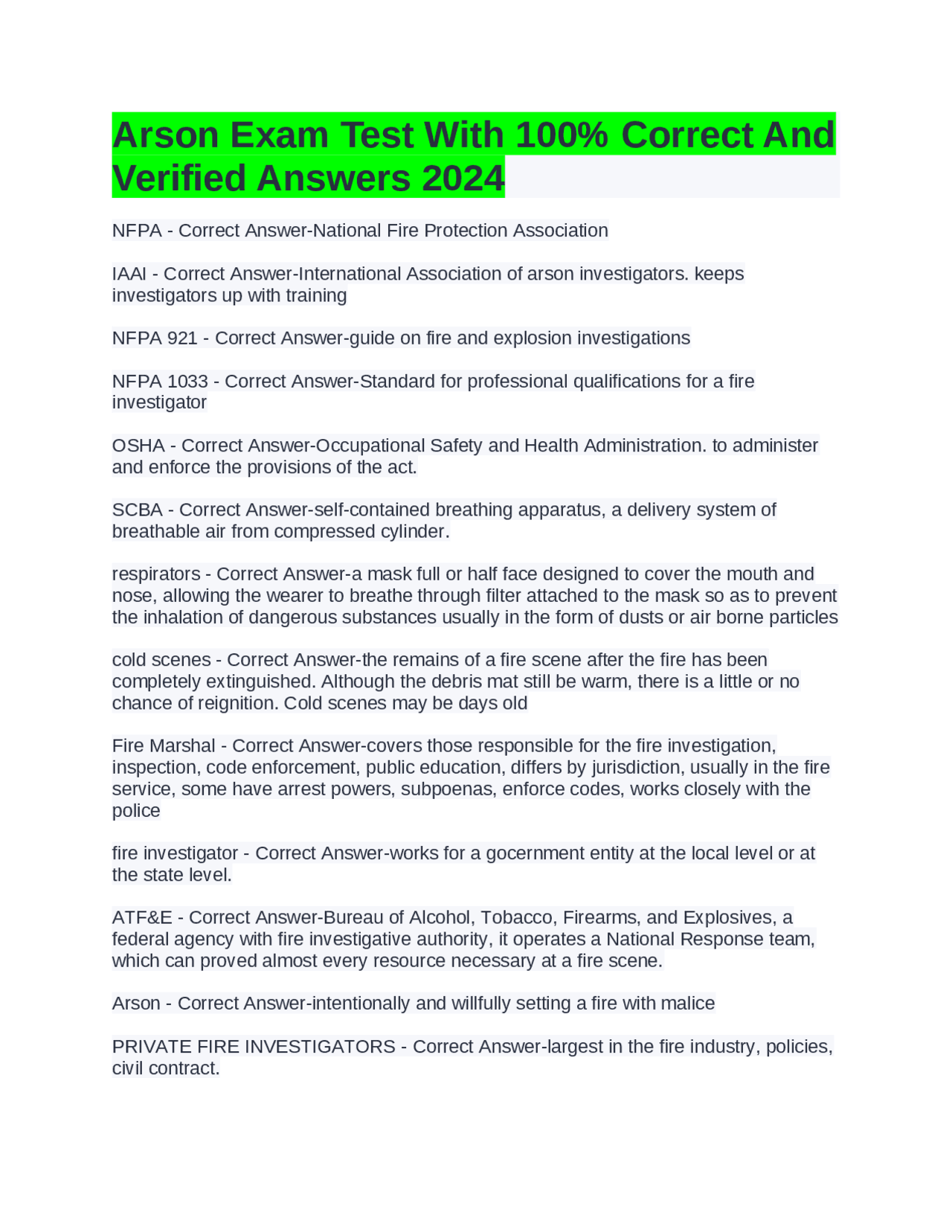 Arson Exam Test With 100% Correct And Verified Answers 2024 | Exams ...