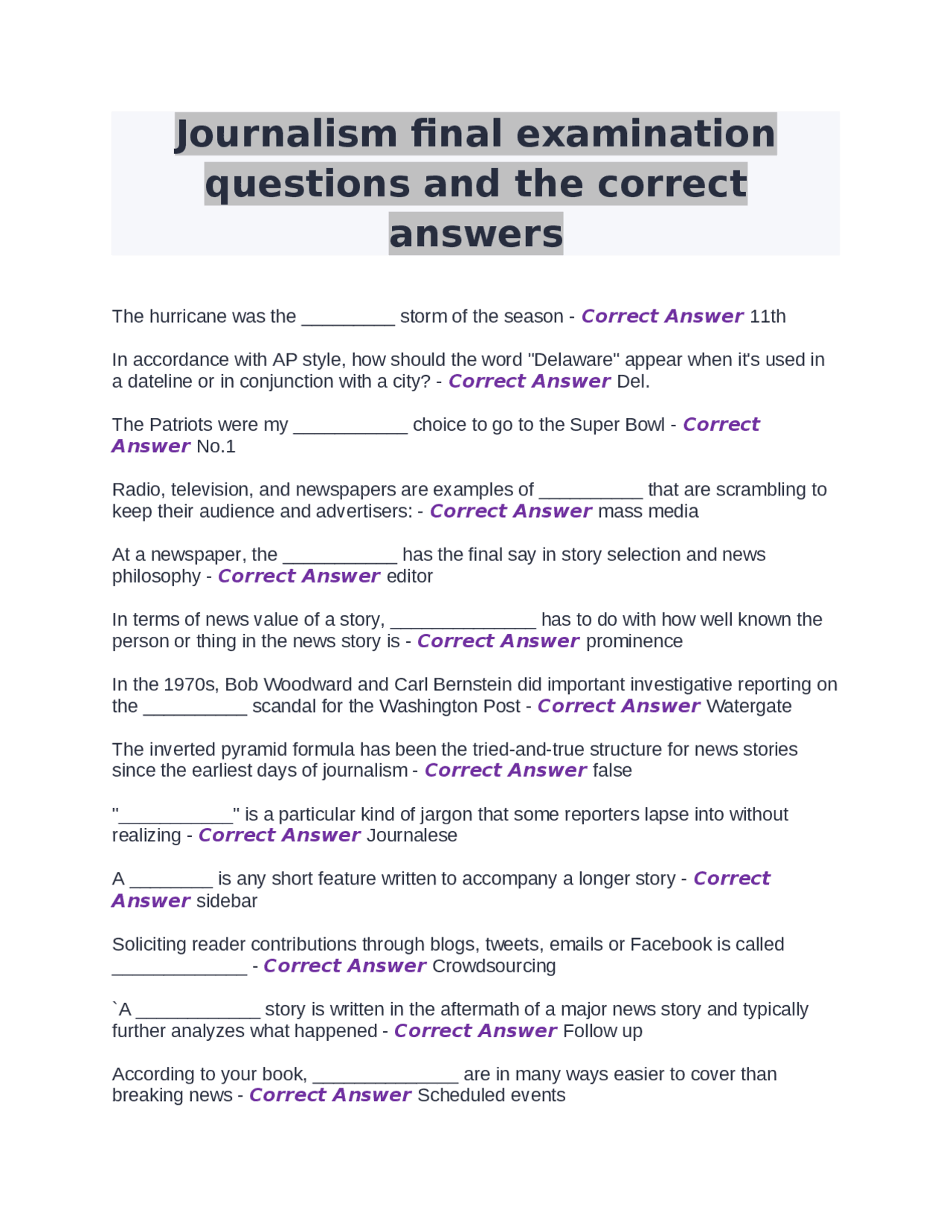 Journalism final examination questions and the correct answers | Exams ...