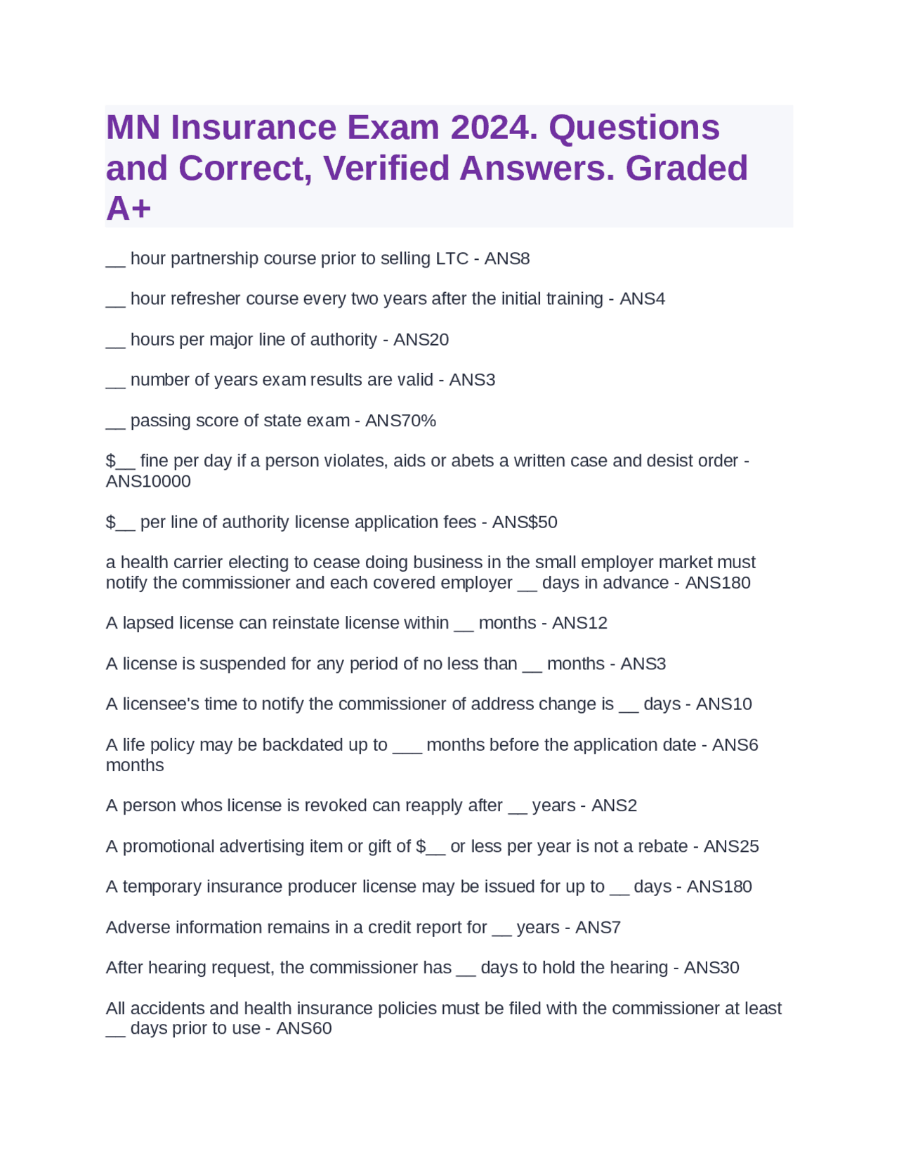 MN Insurance Exam 2024. Questions and Correct, Verified Answers. Graded ...