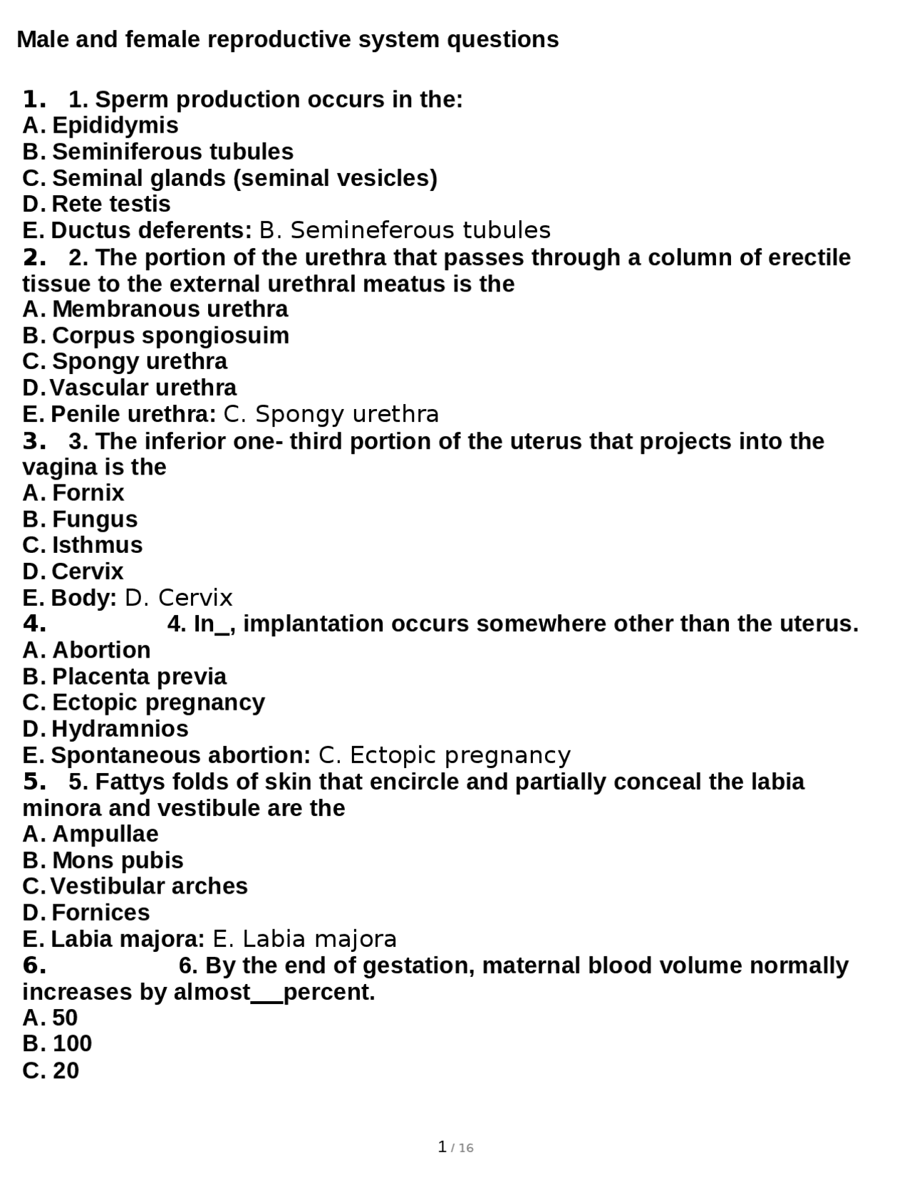 Male and Female Reproductive System Questions | Exams Biology | Docsity