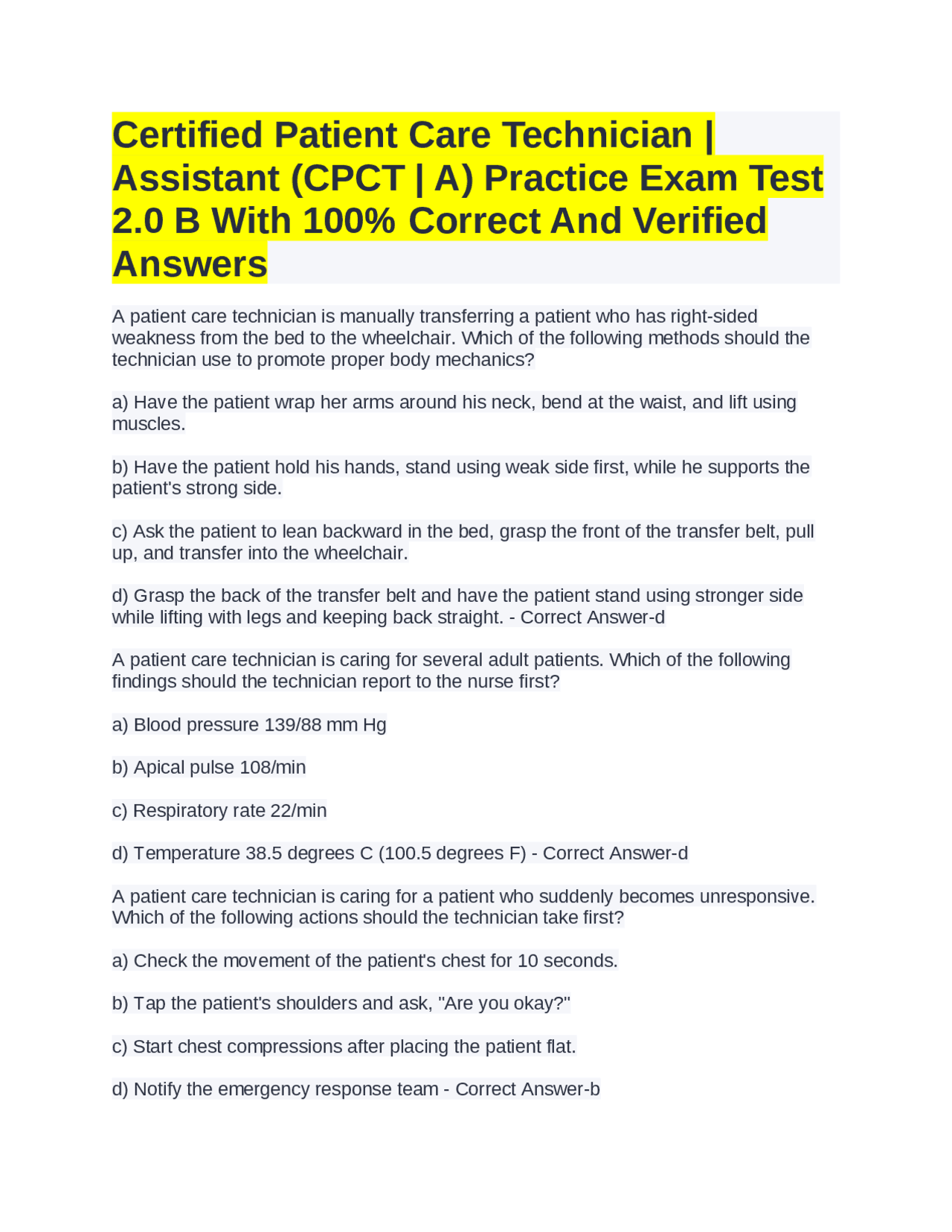 Certified Patient Care Technician | Assistant (CPCT | A) Practice Exam ...