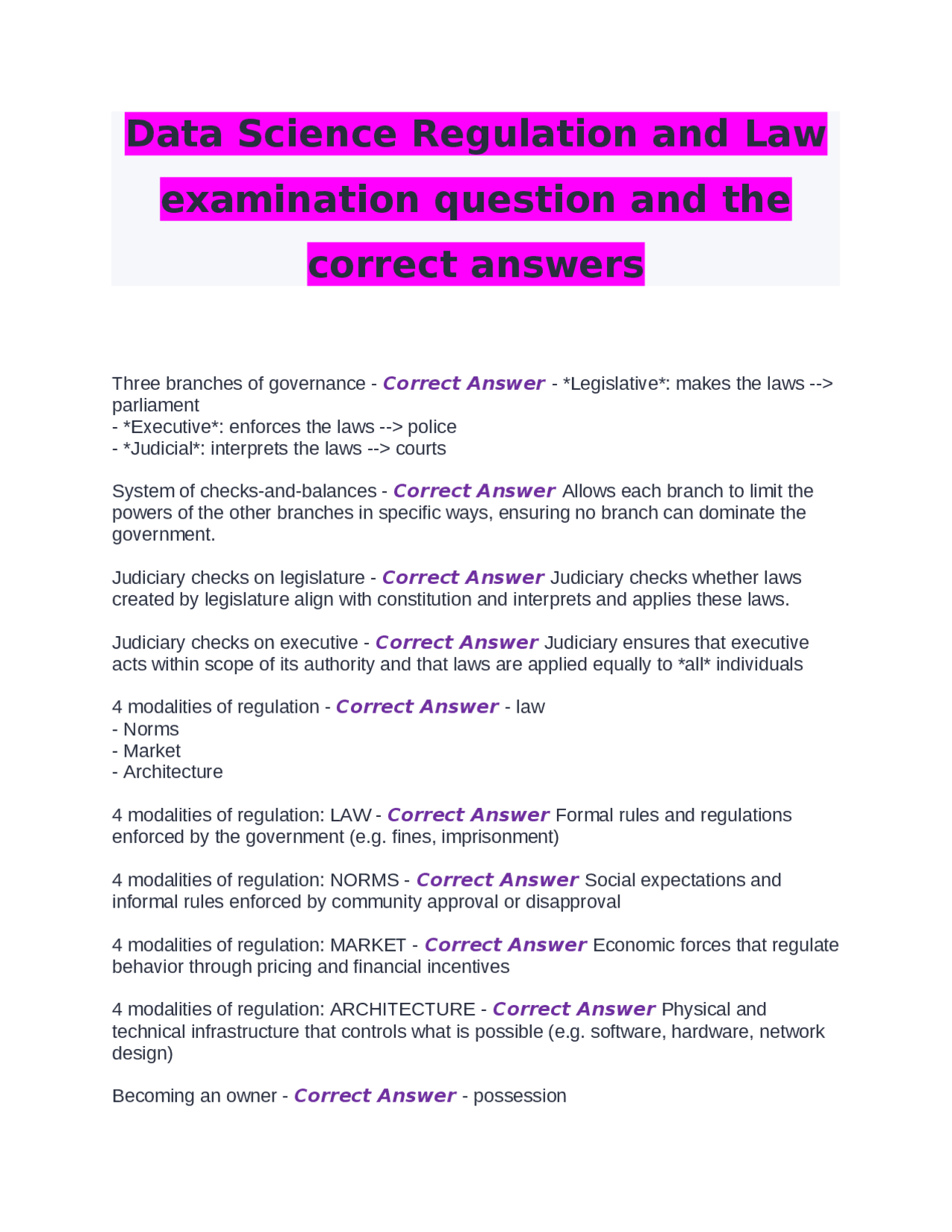 Data Science Regulation and Law examination question and the correct ...