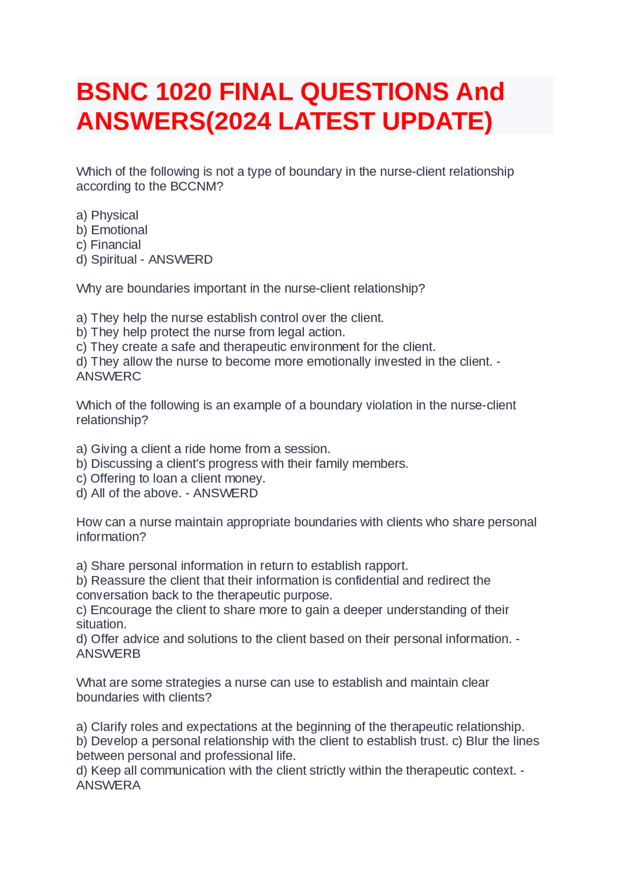 BSNC 1020 FINAL QUESTIONS And ANSWERS(2024 LATEST UPDATE) | Exams ...