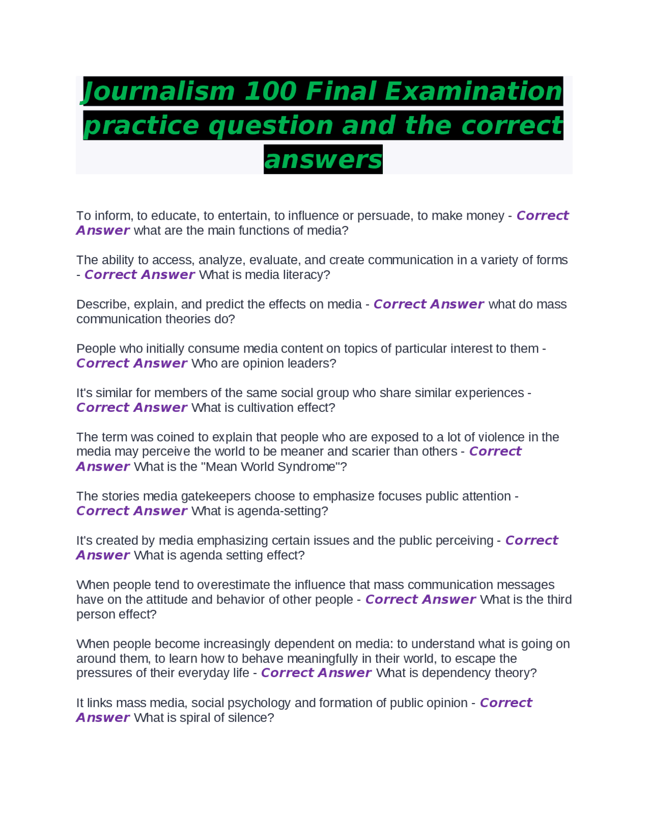 Journalism 100 Final Examination practice question and the correct ...