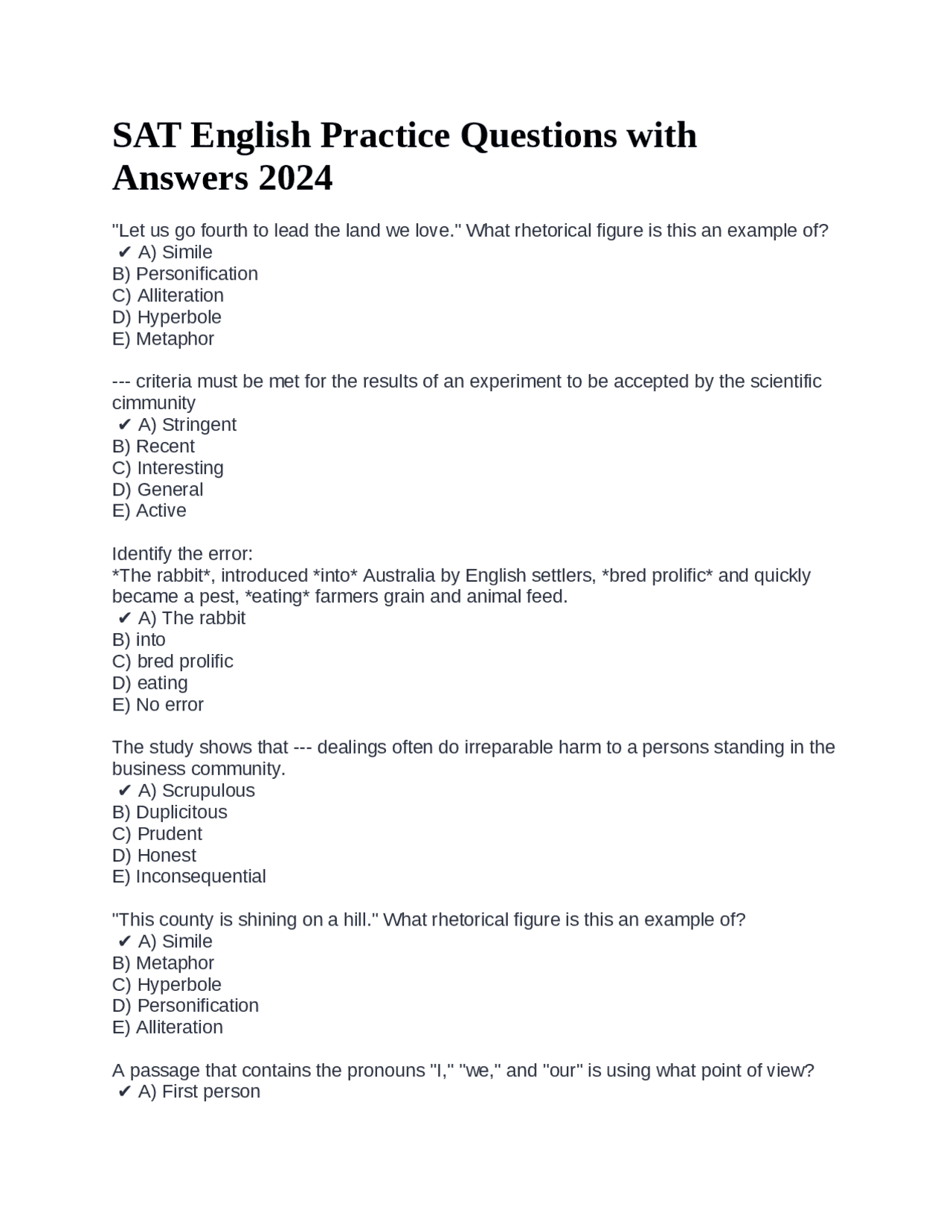 SAT English Practice Questions with Answers 2024 | Exams English Language | Docsity