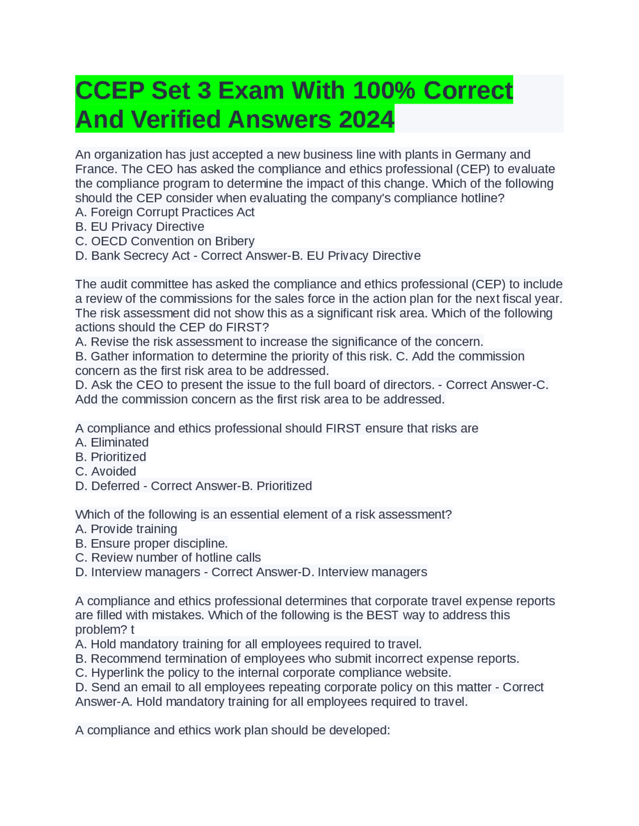 CCEP Set 3 Exam With 100% Correct And Verified Answers 2024 | Exams ...