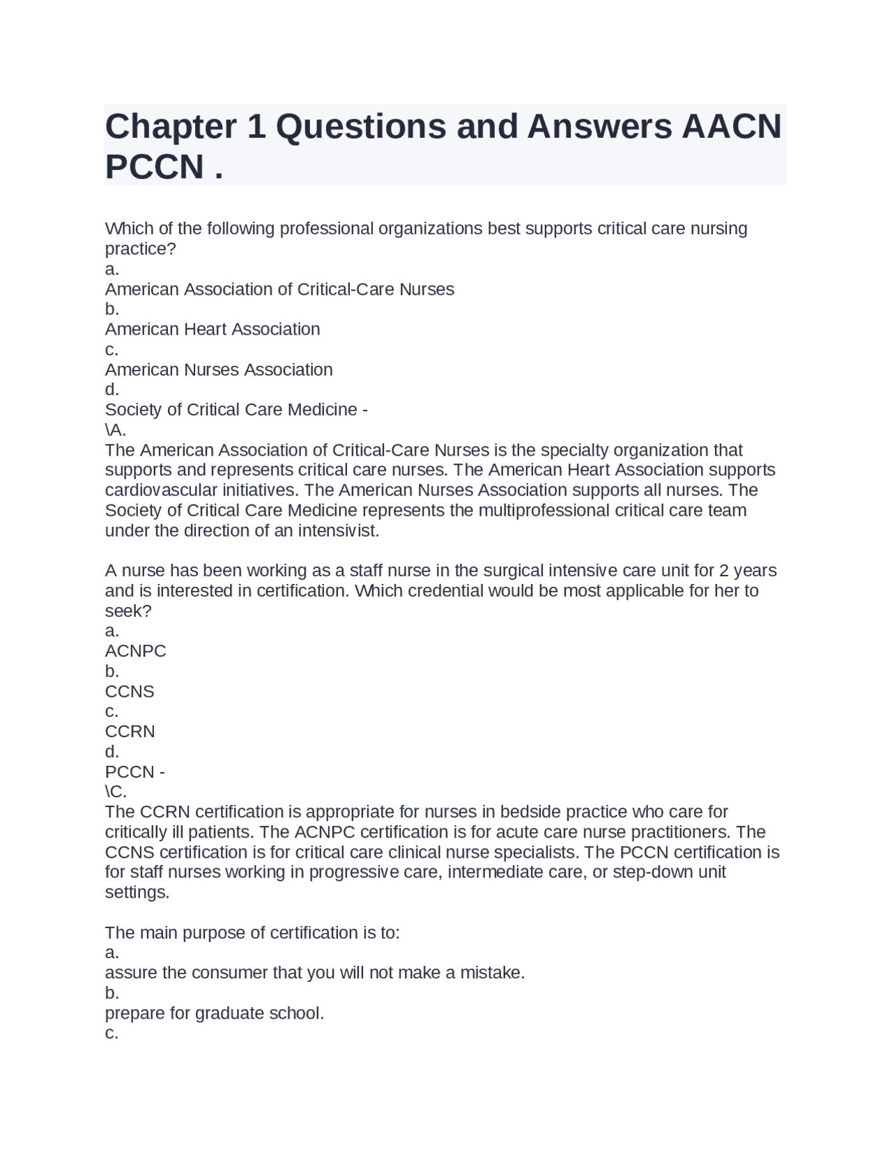 Chapter 1 Questions and Answers AACN PCCN . | Exams Nursing | Docsity