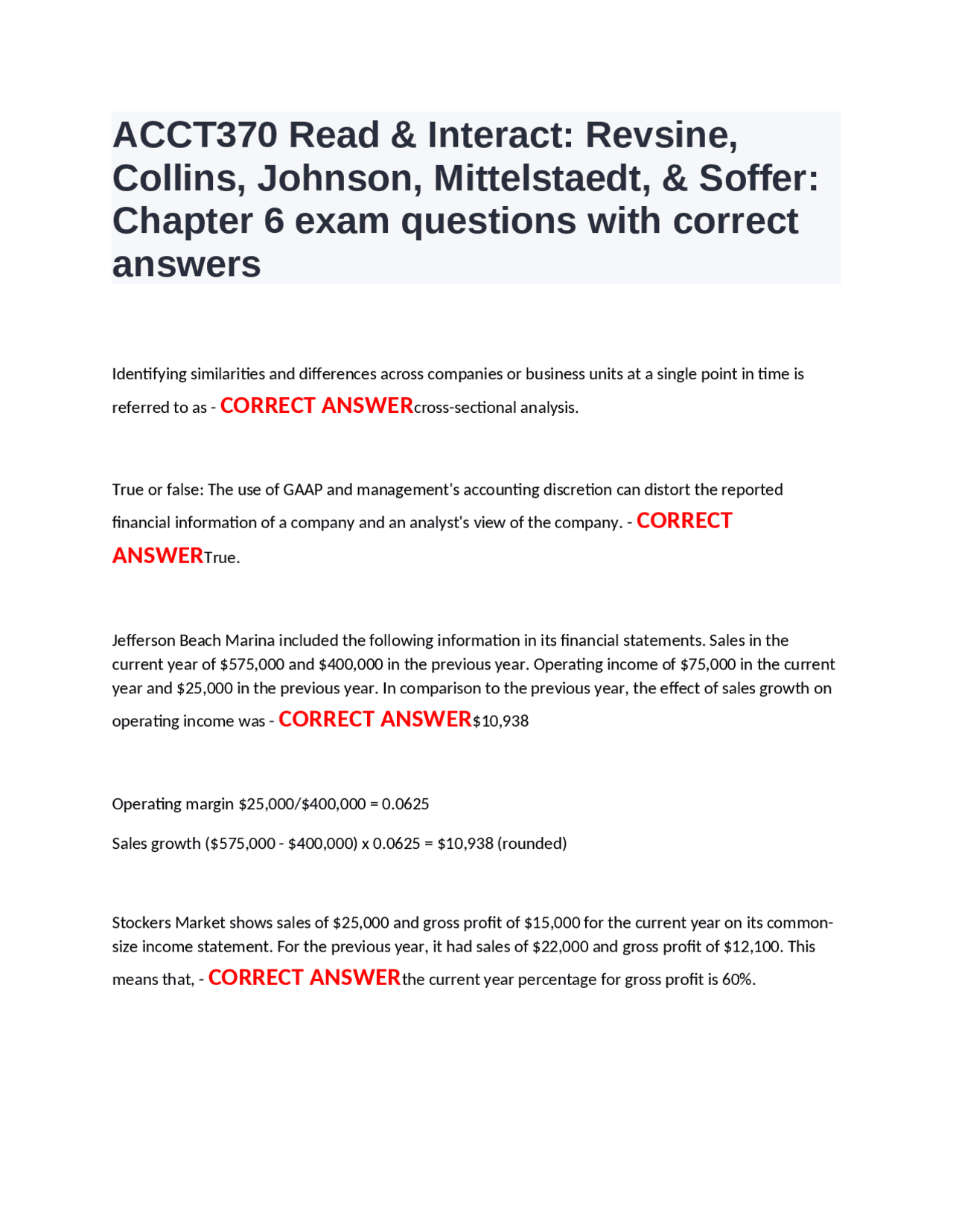 Collins, Johnson, Mittelstaedt, & Soffer: Chapter 6 exam questions with ...