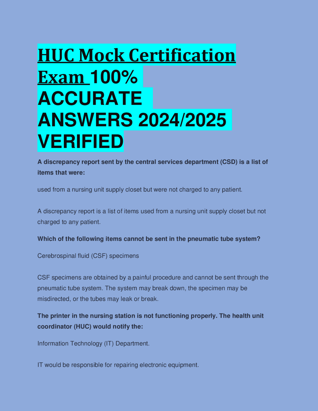 HUC Mock Certification Exam 100% ACCURATE ANSWERS 2024/2025 VERIFIED ...
