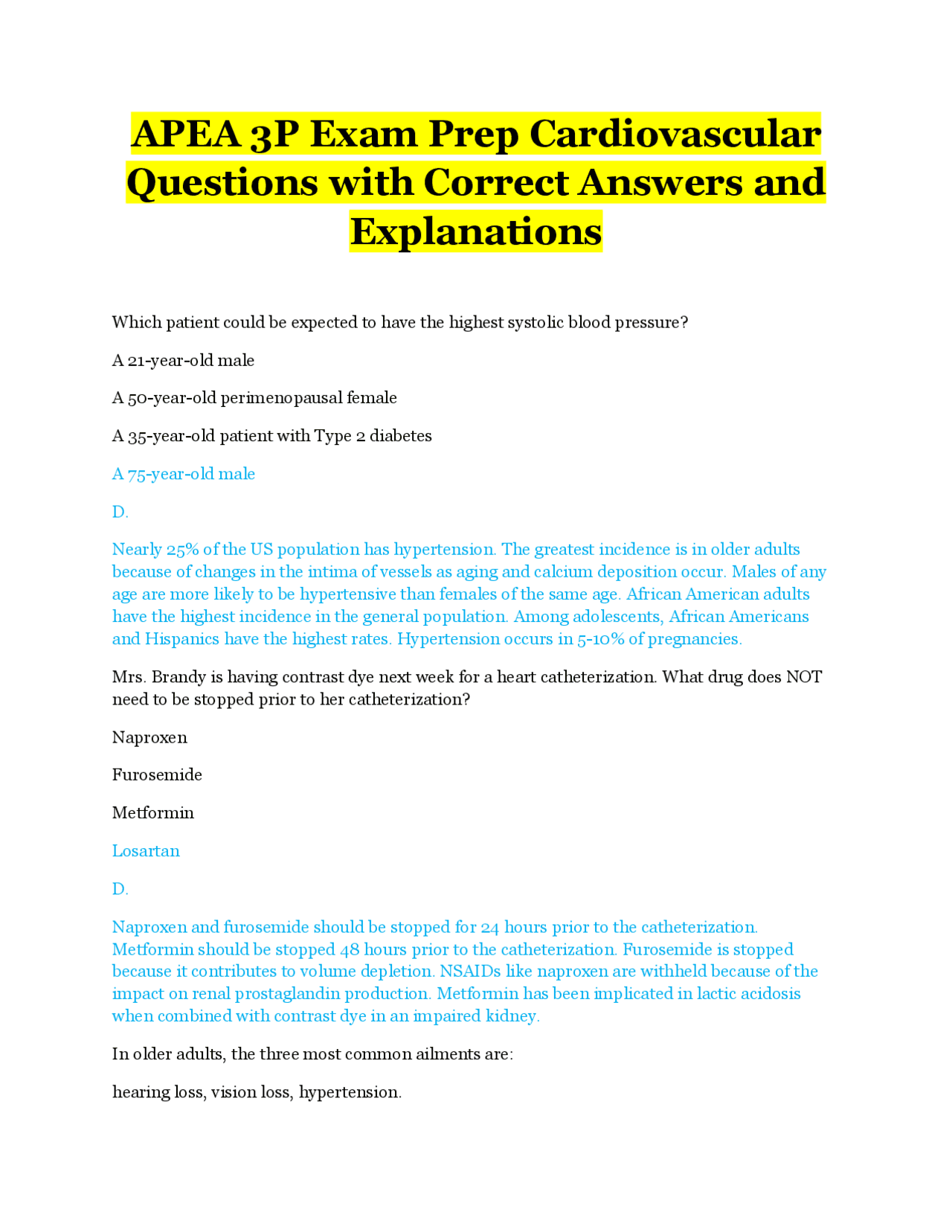APEA 3P Exam Prep Cardiovascular Questions with Correct Answers and Explanations | Exams Nursing ...