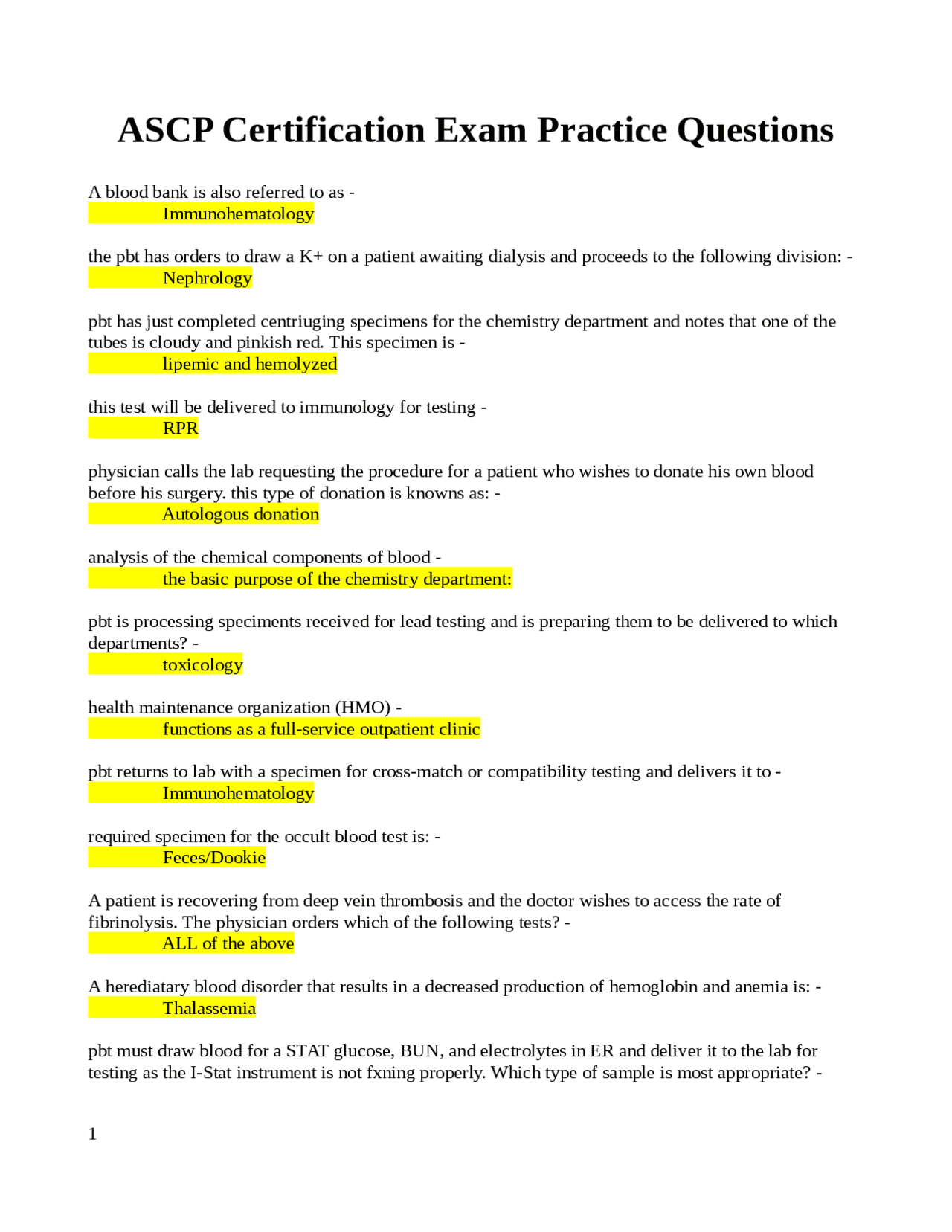 ASCP Certification Exam Practice Questionss | Exams Medicine | Docsity