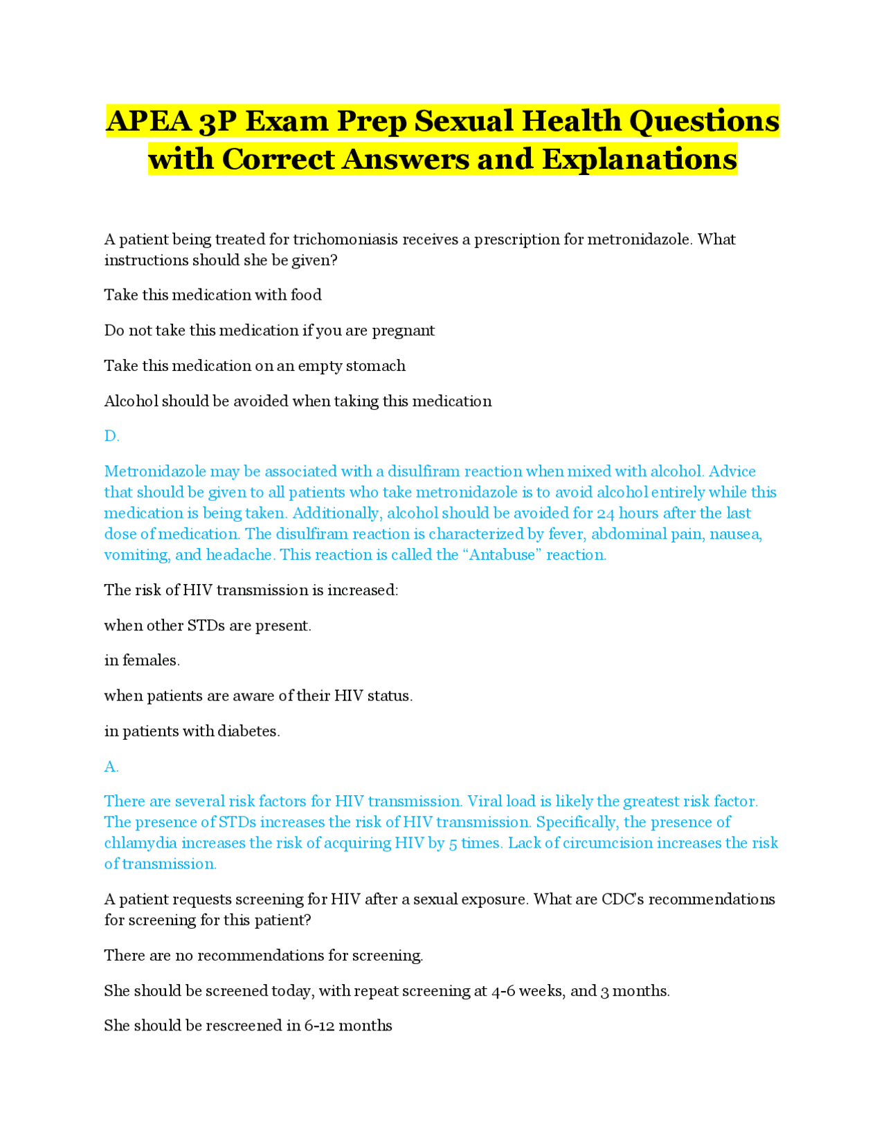 APEA 3P Exam Prep Sexual Health Questions with Correct Answers and ...