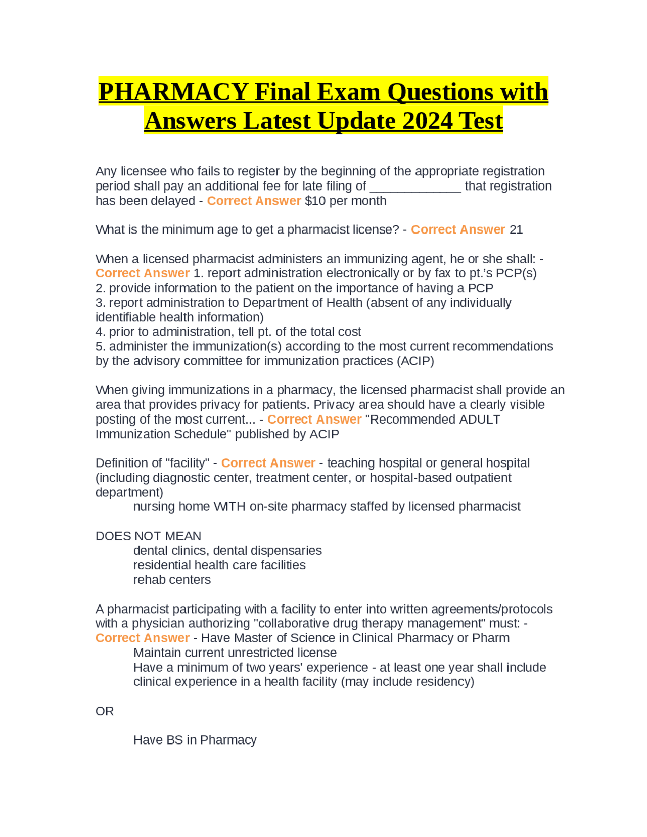 PHARMACY Final Exam Questions with Answers Latest Update 2024 Test ...