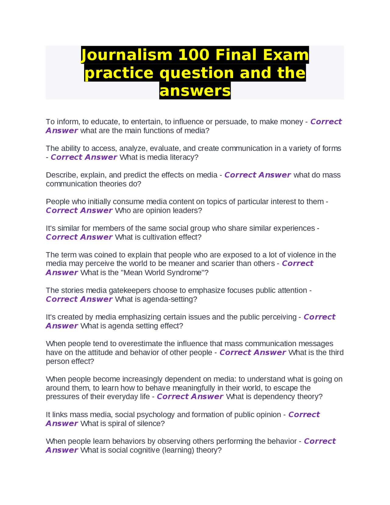 Journalism 100 Final Exam practice question and the answers | Exams ...