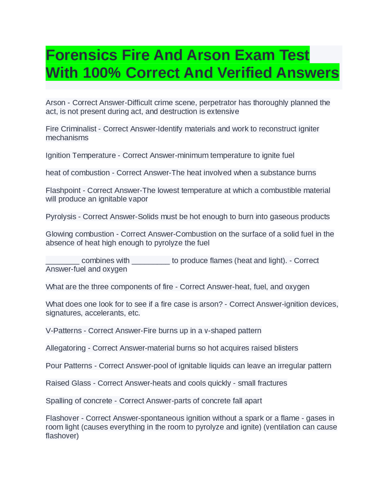 Forensics Fire And Arson Exam Test With 100% Correct And Verified ...