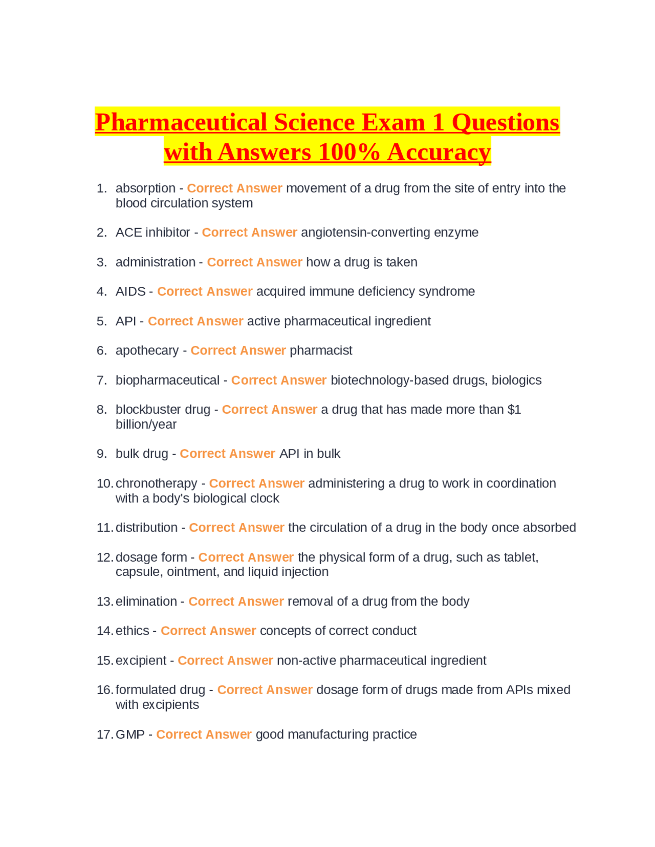 Pharmaceutical Science Exam 1 Questions with Answers 100% Accuracy | Exams Nursing | Docsity