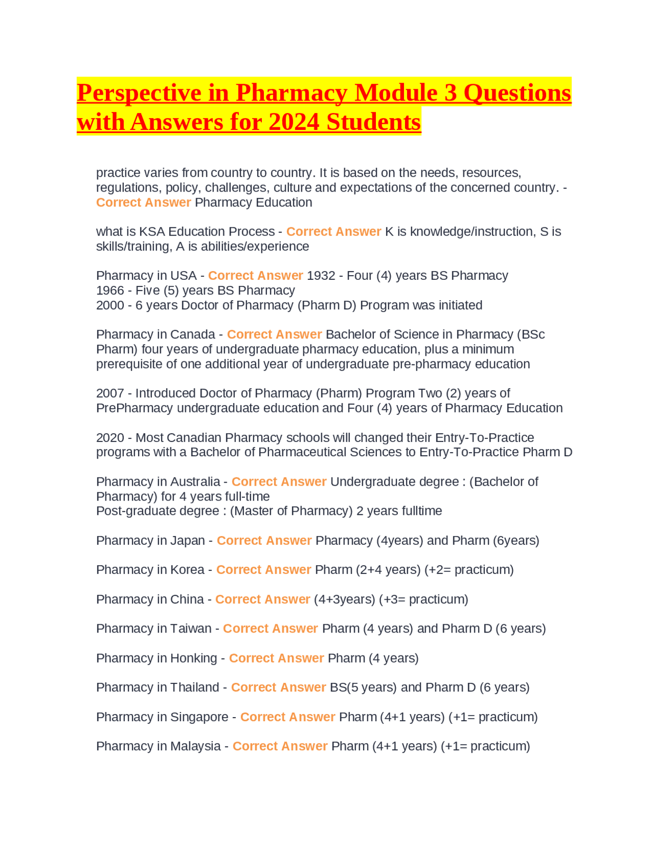 Perspective in Pharmacy Module 3 Questions with Answers for 2024 ...
