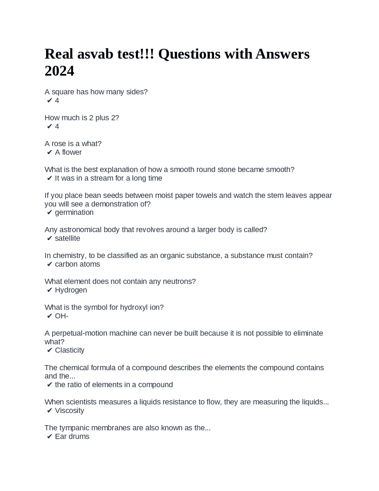 Real asvab test!!! Questions with Answers 2024 | Exams Biology | Docsity